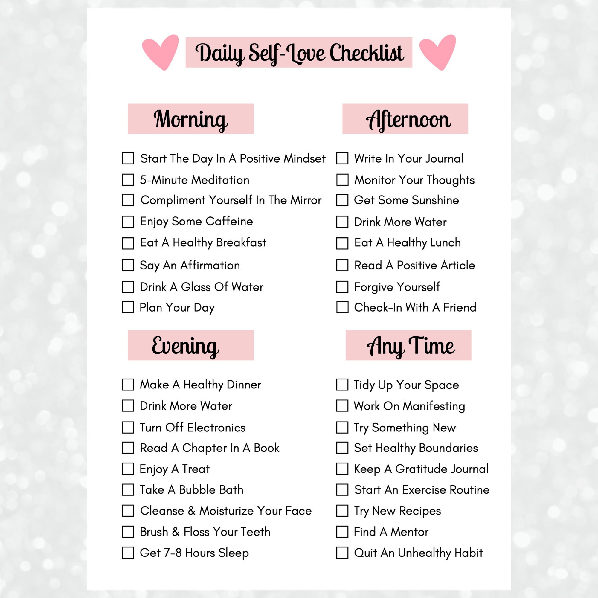 Self Love Checklist Printable Pdf Daily Routine Self Love Daily Habit