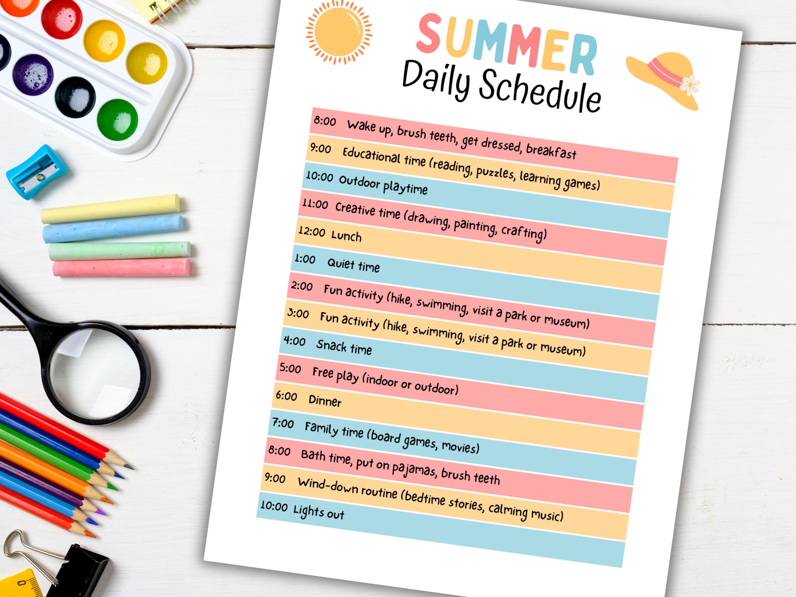 Summer Daily Schedule for Kids, Summer Schedule Printable Editable ...