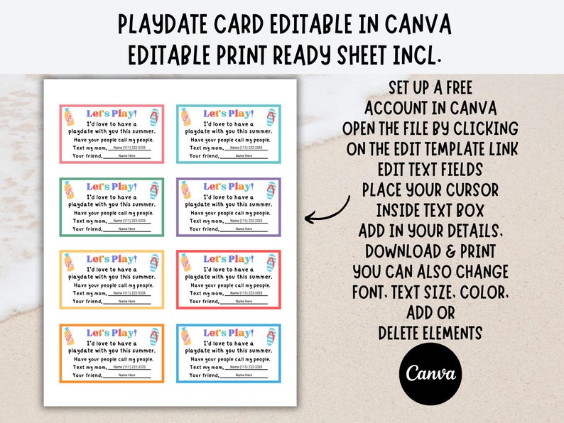 Playdate Cards, Printable Editable Playdate Cards for Kids, Play Date ...