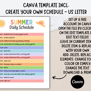 Kids Summer Daily Schedule, Summer Schedule Printable Editable Canva ...