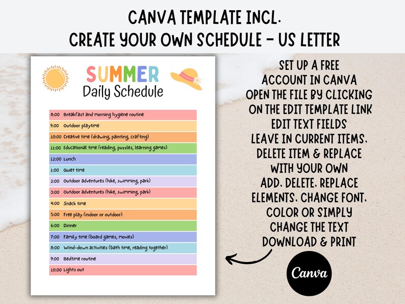 Kids Summer Daily Schedule, Summer Schedule Printable Editable Canva ...