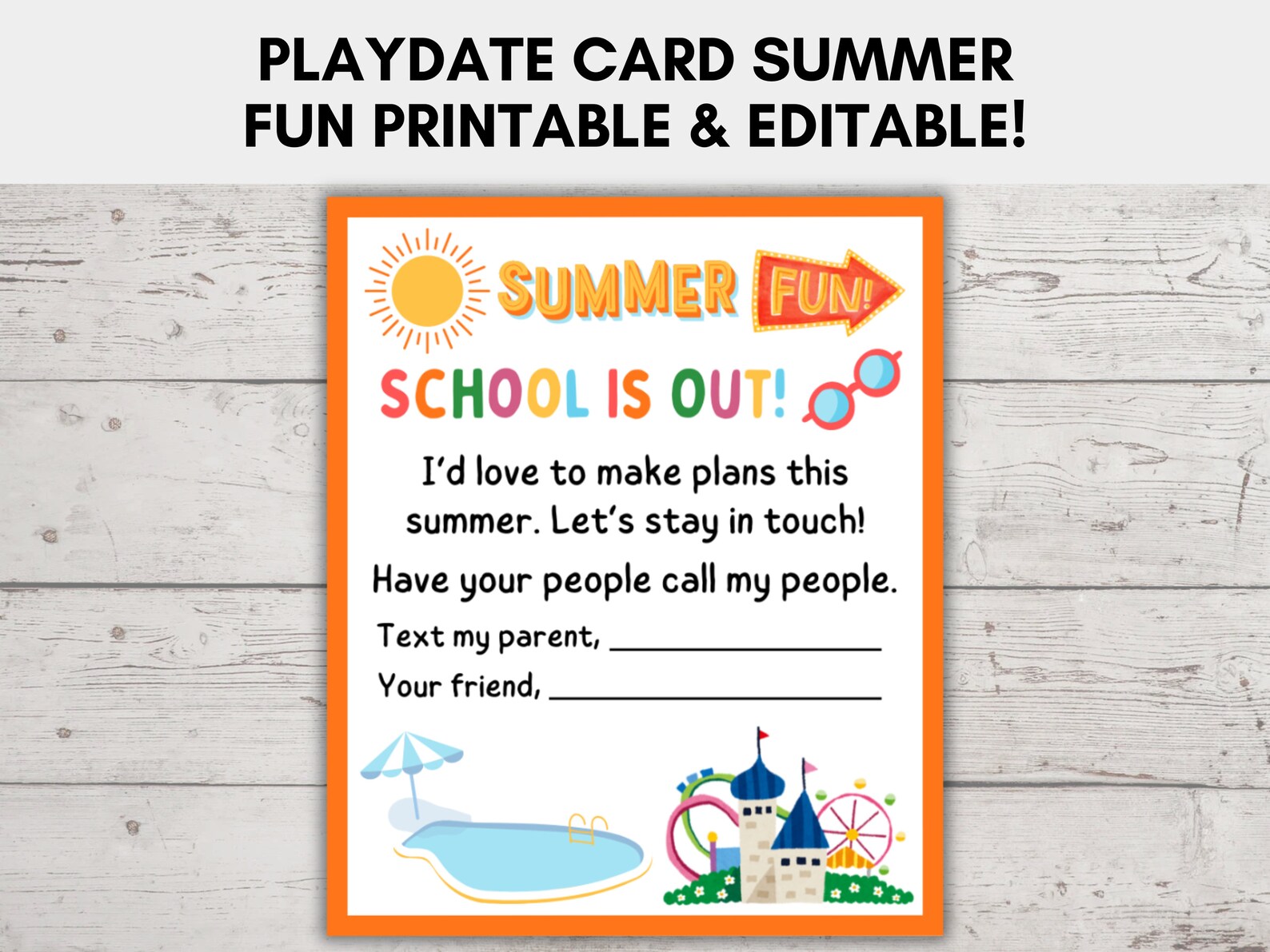 Playdate Cards Printable, Editable Summer Contact Card, End of School ...