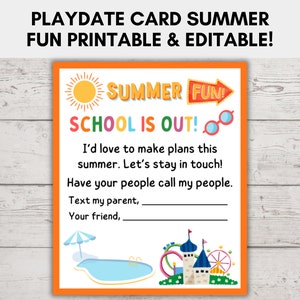 Playdate Cards Printable, Editable Summer Contact Card, End of School ...