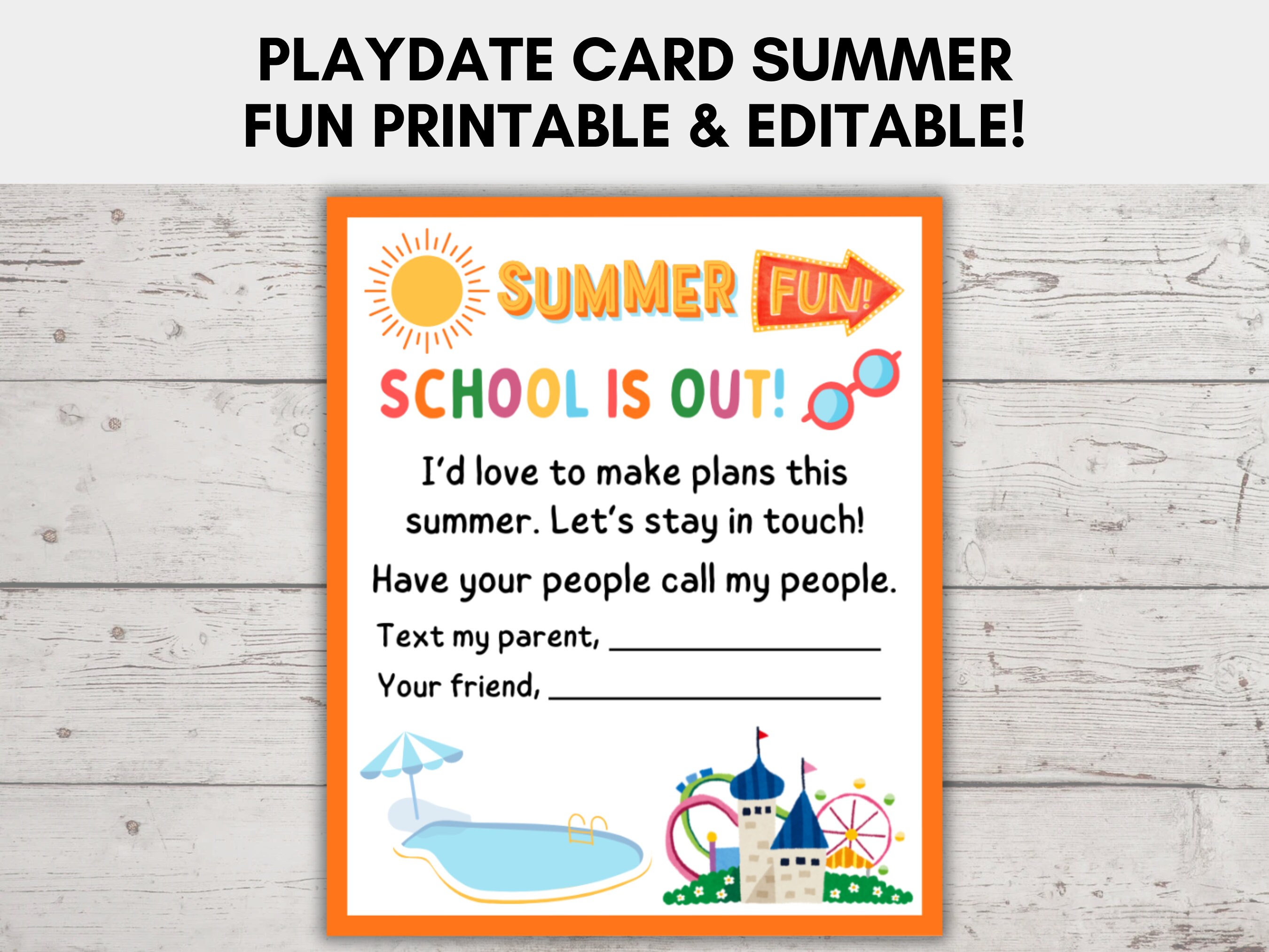 Playdate Cards Printable, Editable Summer Contact Card, End of School ...