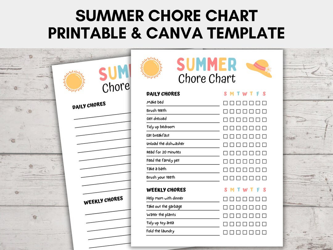 Summer Chore Chart for Kids, Editable Chore Chart, Chore Chart for Kids ...