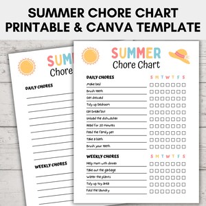 Summer Chore Chart for Kids, Editable Chore Chart, Chore Chart for Kids ...