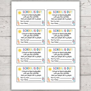 Playdate Cards, Printable Summer Contact Card, End of School Cards for ...