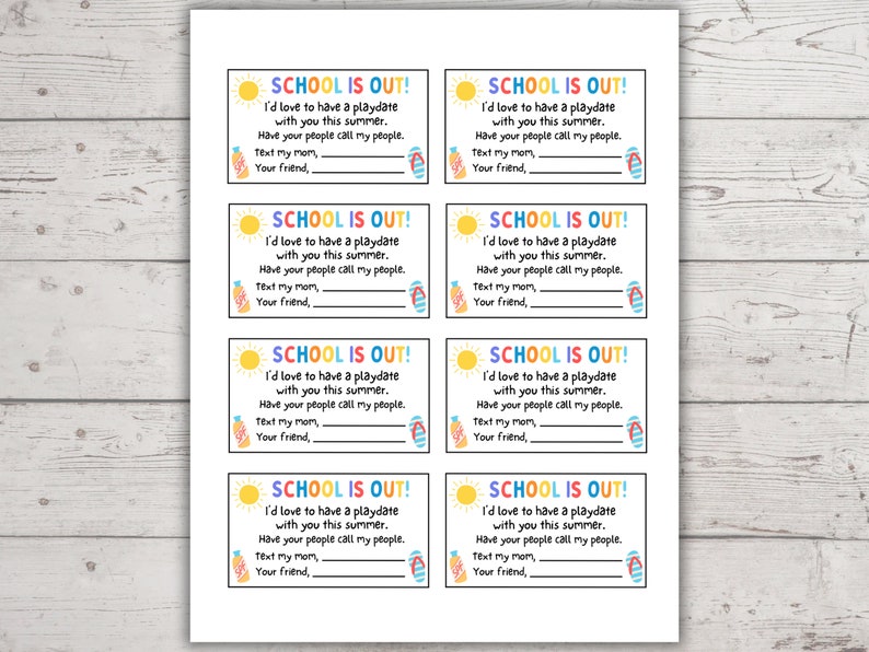 Playdate Cards, Printable Summer Contact Card, End of School Cards for ...