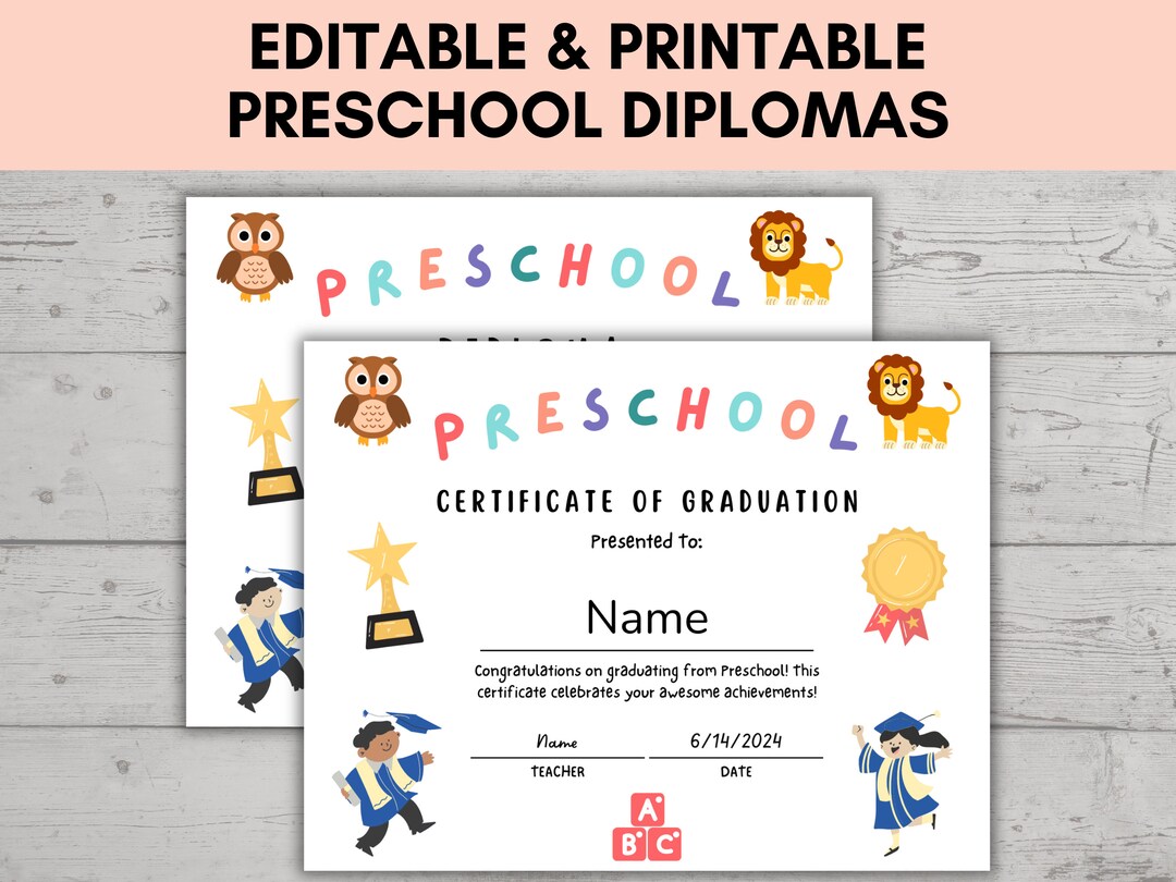 Editable Preschool Certificate, Printable Preschool Diploma, Preschool ...