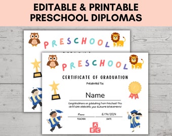Editable Preschool Certificate, Kindergarten Diploma, Preschool ...