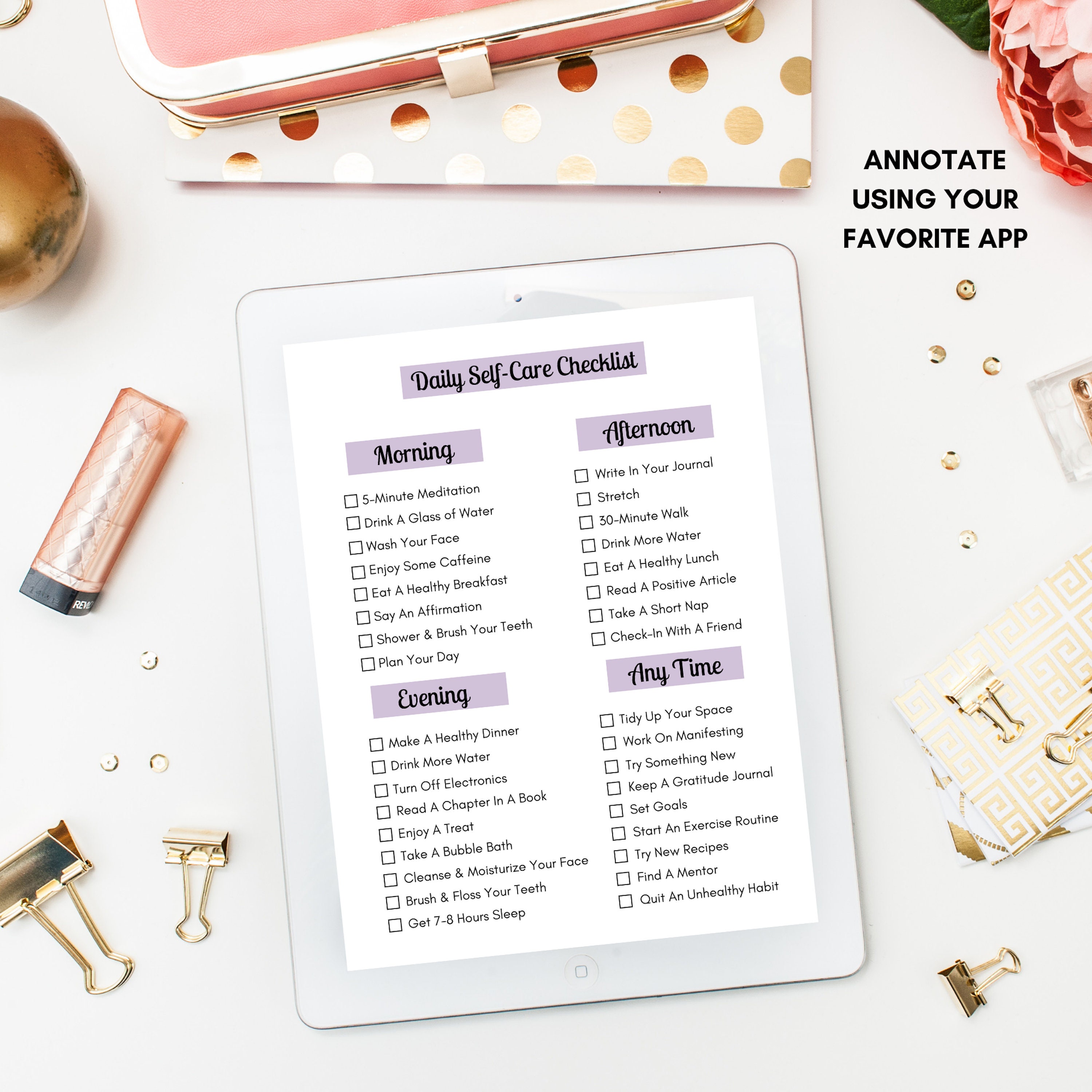 Daily Self Care Checklist, Day at A Glance, 1 Page Wellbeing Planner ...