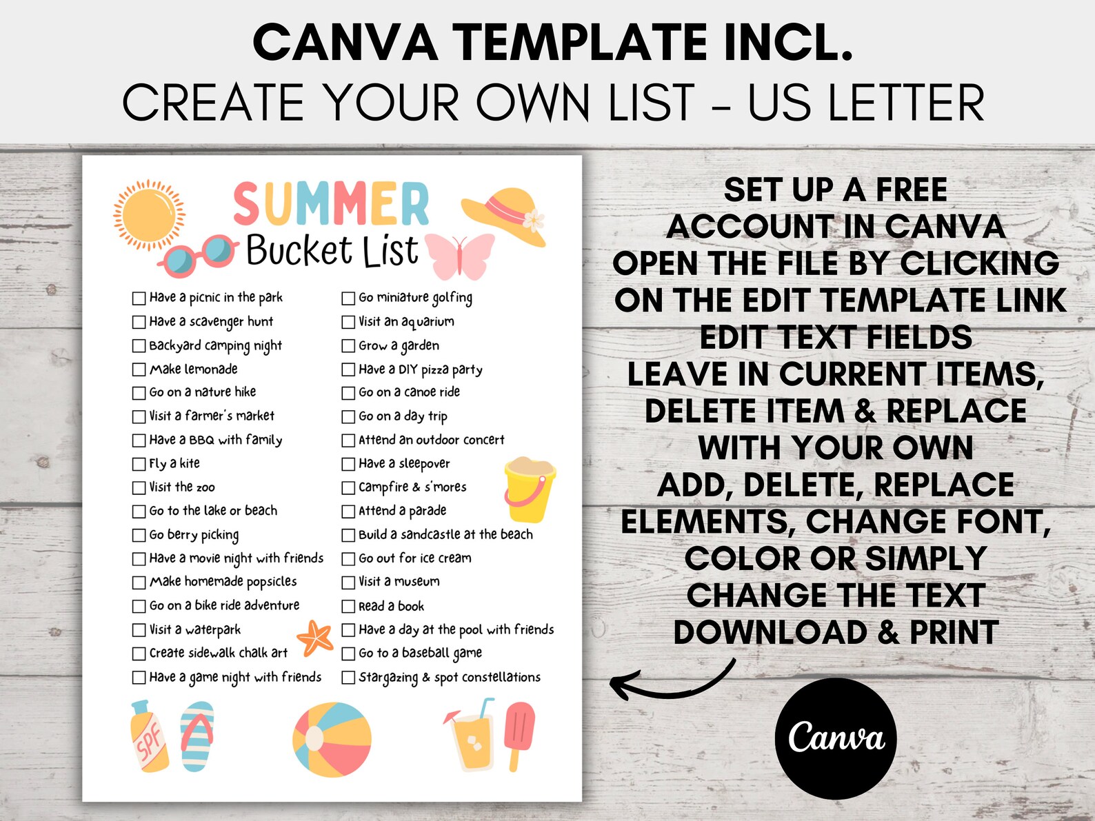 Summer Bucket List Printable, Editable Summer Bucket List, Bucket List ...