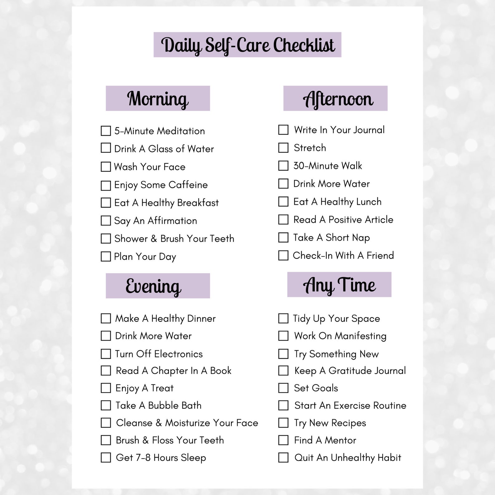 Daily Self Care Checklist, Day at A Glance, 1 Page Wellbeing Planner ...