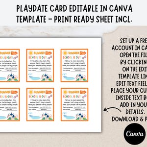 Playdate Cards Printable, Editable Summer Contact Card, End of School ...