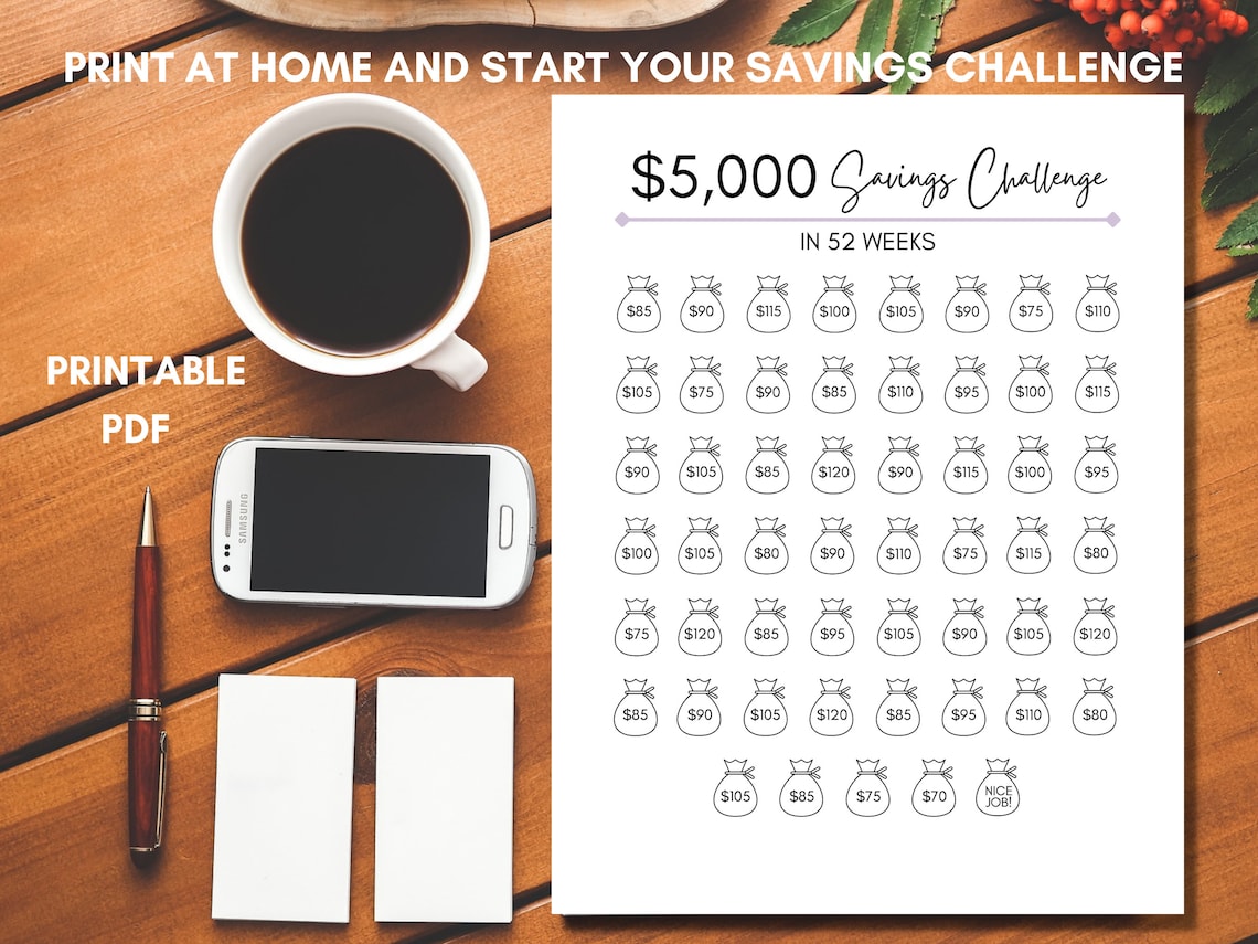 5,000 Savings Challenge 52 Weeks, 5000 Savings Tracker, Finance Tracker ...