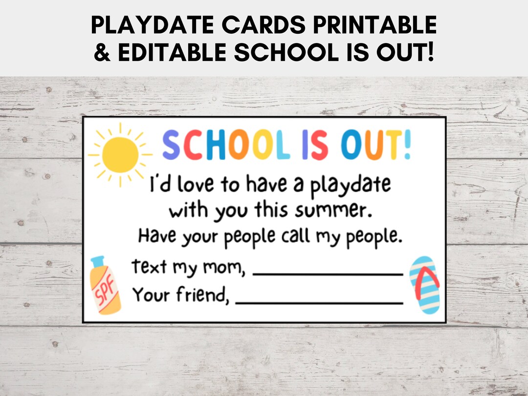 Playdate Cards, Printable Summer Contact Card, End of School Cards for ...