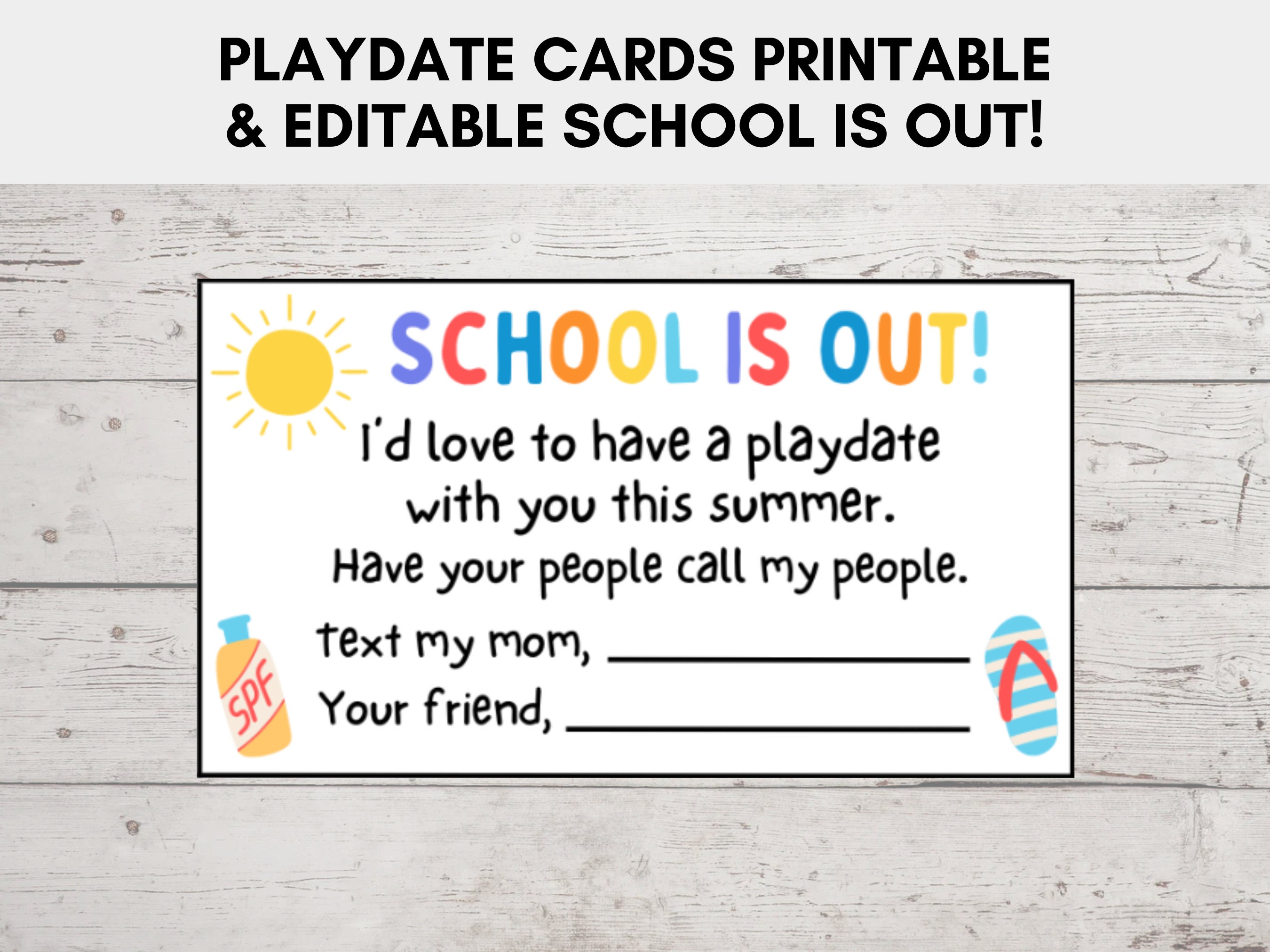 Playdate Cards, Printable Summer Contact Card, End of School Cards for ...
