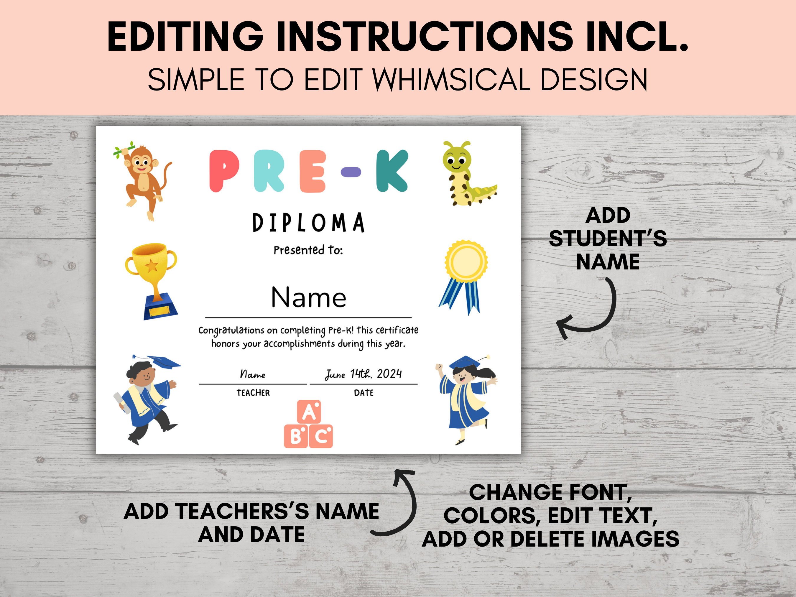 Editable Pre-k Graduation Certificate, Printable Pre-k Diploma ...