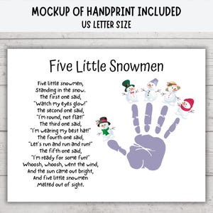 Five Little Snowmen Handprint Craft, Snowmen Handprint Art, Christmas ...