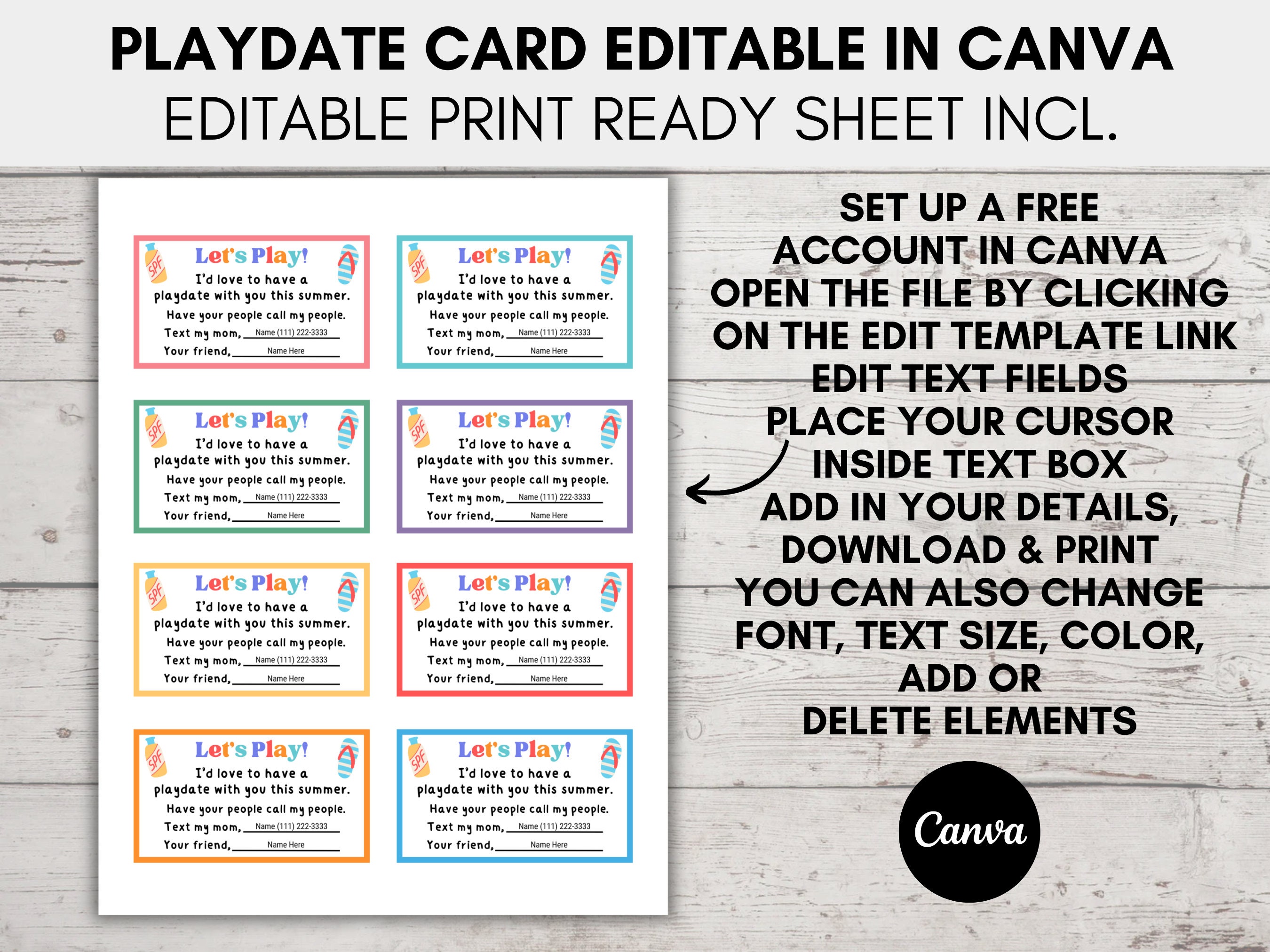 Playdate Cards, Printable Editable Playdate Cards for Kids, Play Date ...