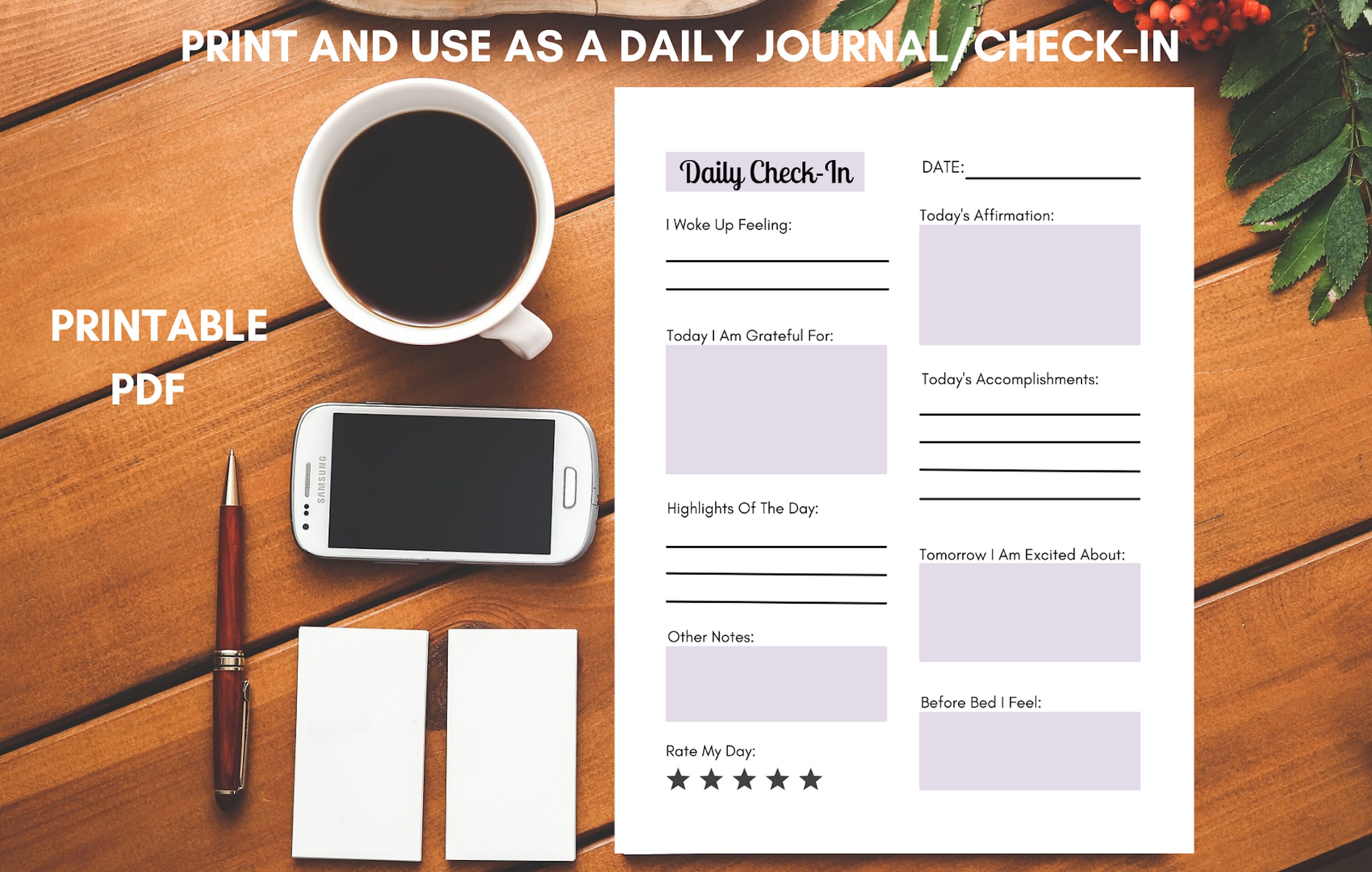 Daily Check-in Journal Printable PDF, Self Care Daily Check in Journal ...