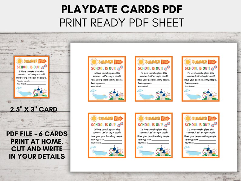 Playdate Cards Printable, Editable Summer Contact Card, End of School ...