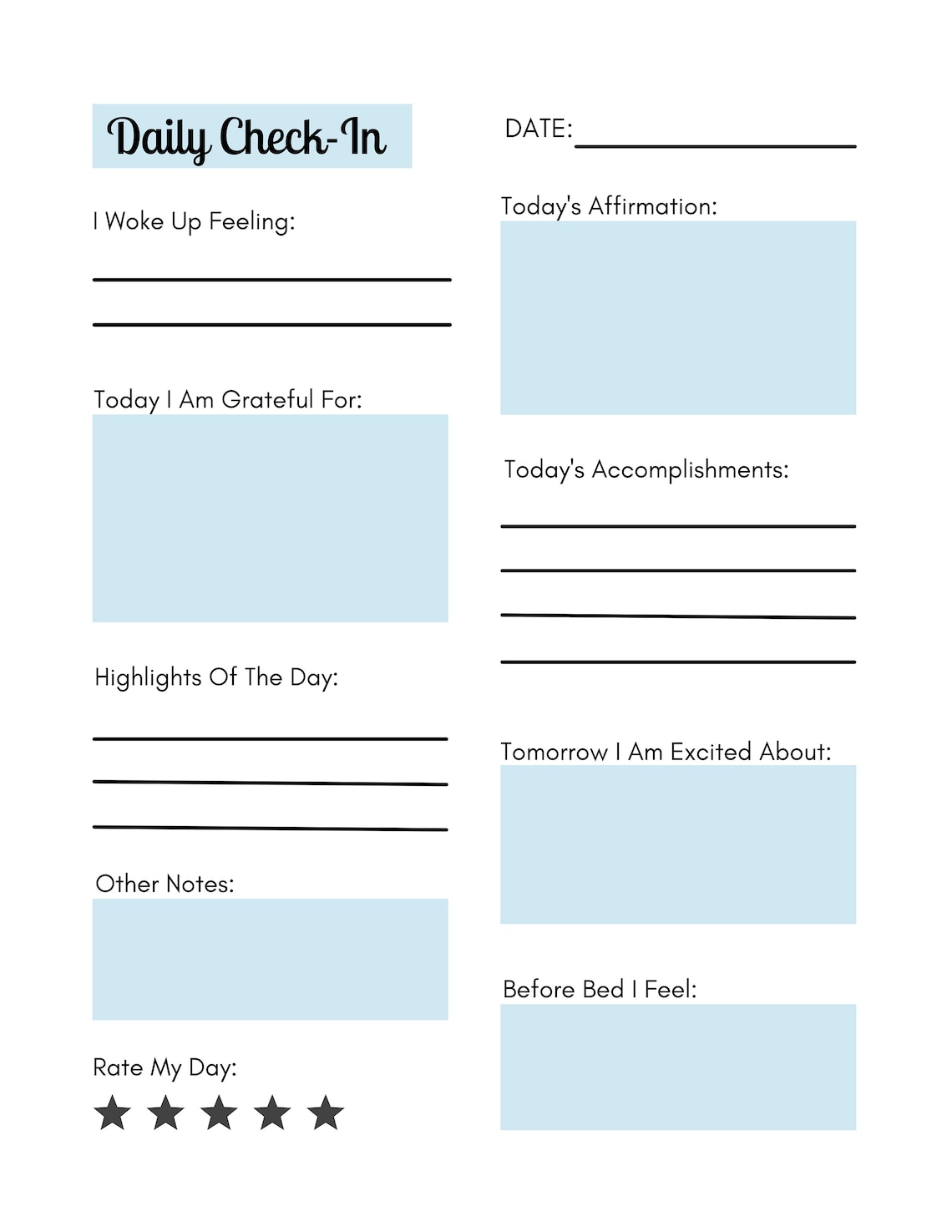 Daily Check-in Journal Printable PDF, Self Care Daily Check in Journal ...