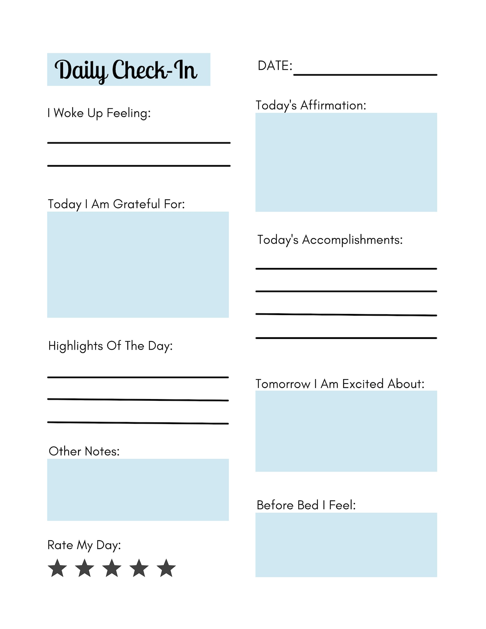 Daily Check-in Journal Printable PDF, Self Care Daily Check in Journal ...