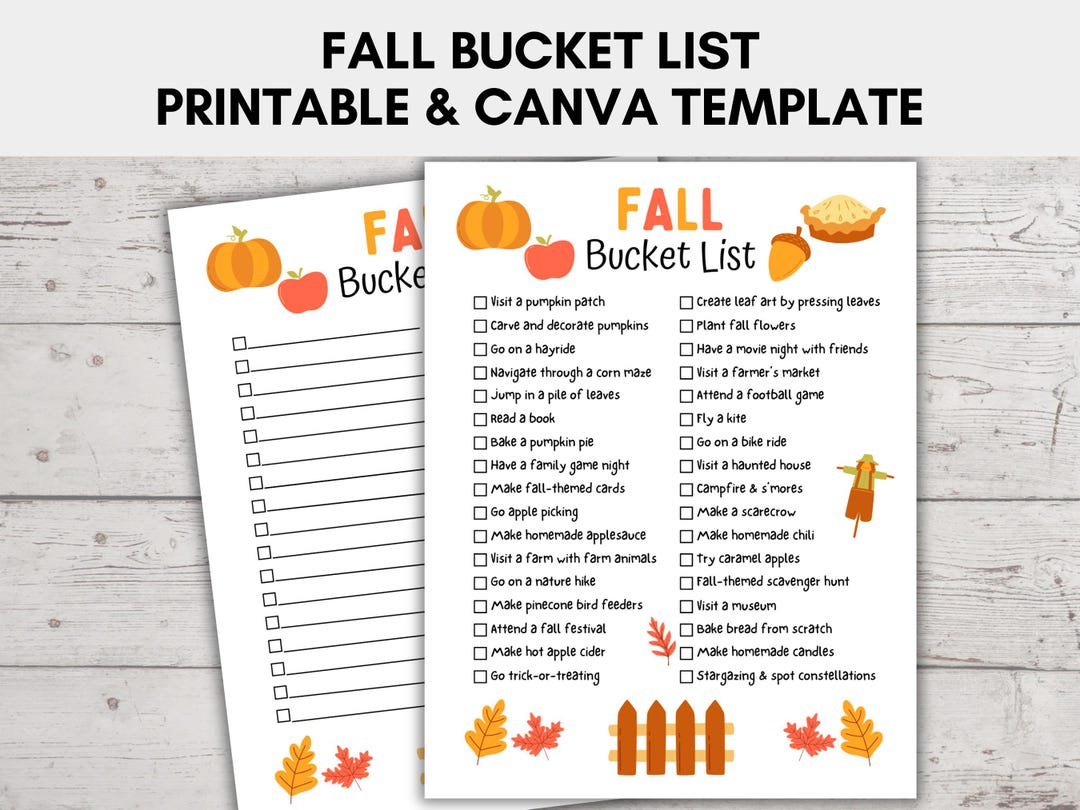Fall Bucket List Printable, Fall Bucket List Template Editable ...