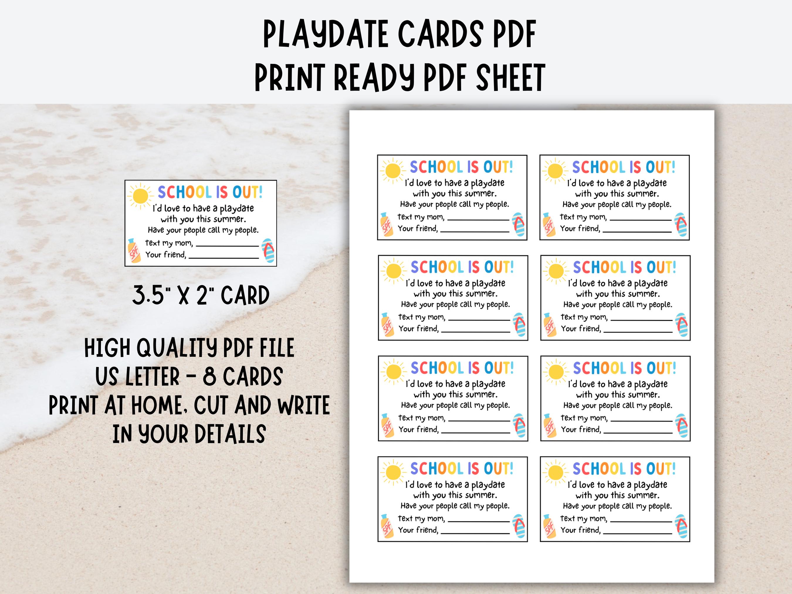 Playdate Cards, Printable Summer Contact Card, End of School Cards for ...