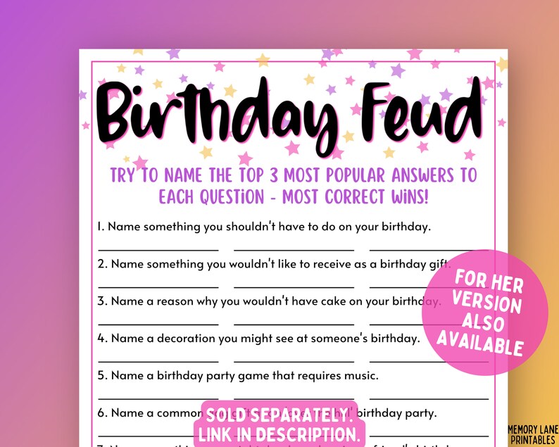 Birthday Feud Game Birthday Party Game Adult Birthday Party Game ...