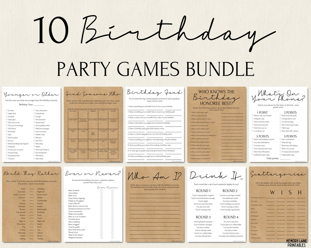 Birthday Games Bundle | 10 Birthday Party Games | Adult Birthday Party ...