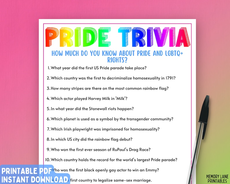 Pride Trivia Game | LGBTQ+ Pride Party Game | Pride Party Game ...