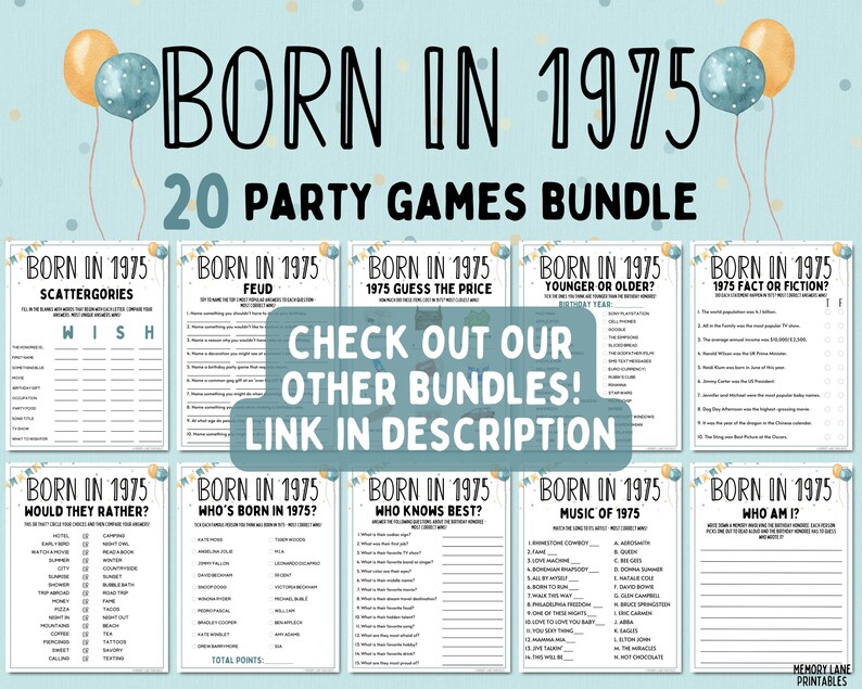 50th Birthday Party Games Bundle | Born in 1975 Games | 50th Birthday ...