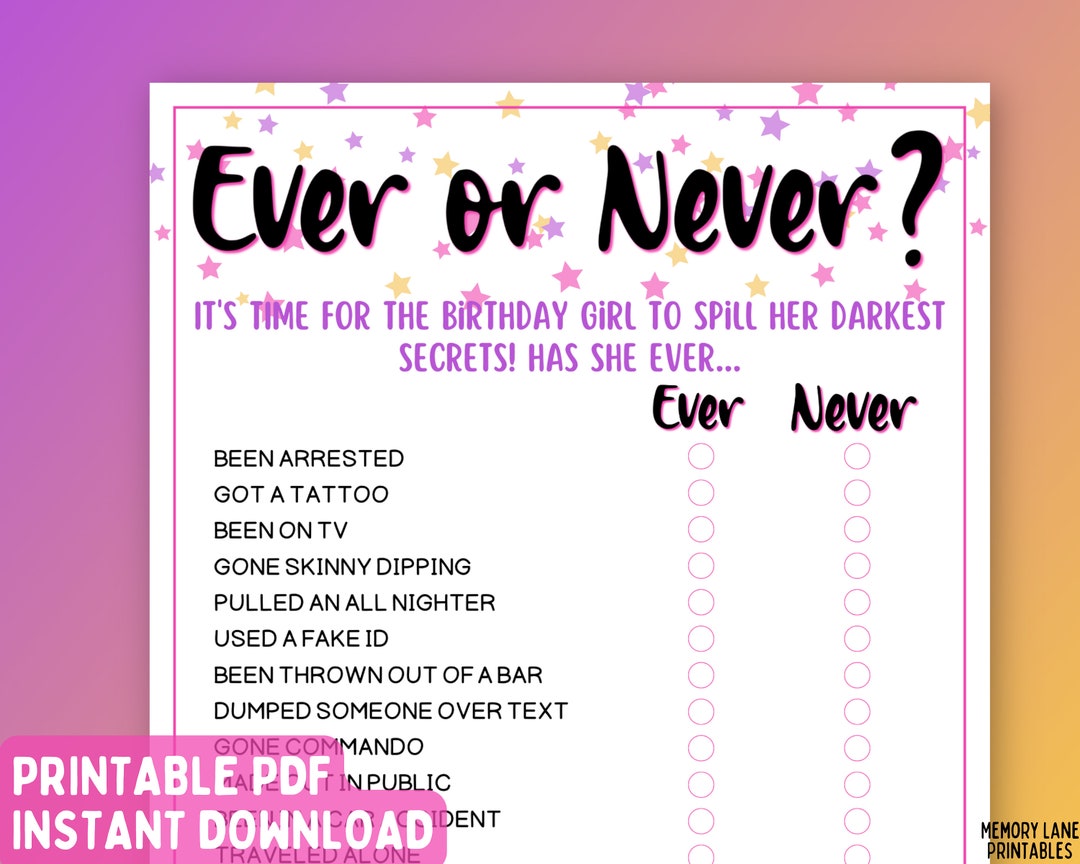 Ever or Never Birthday Game Birthday Game for Her Adult - Etsy