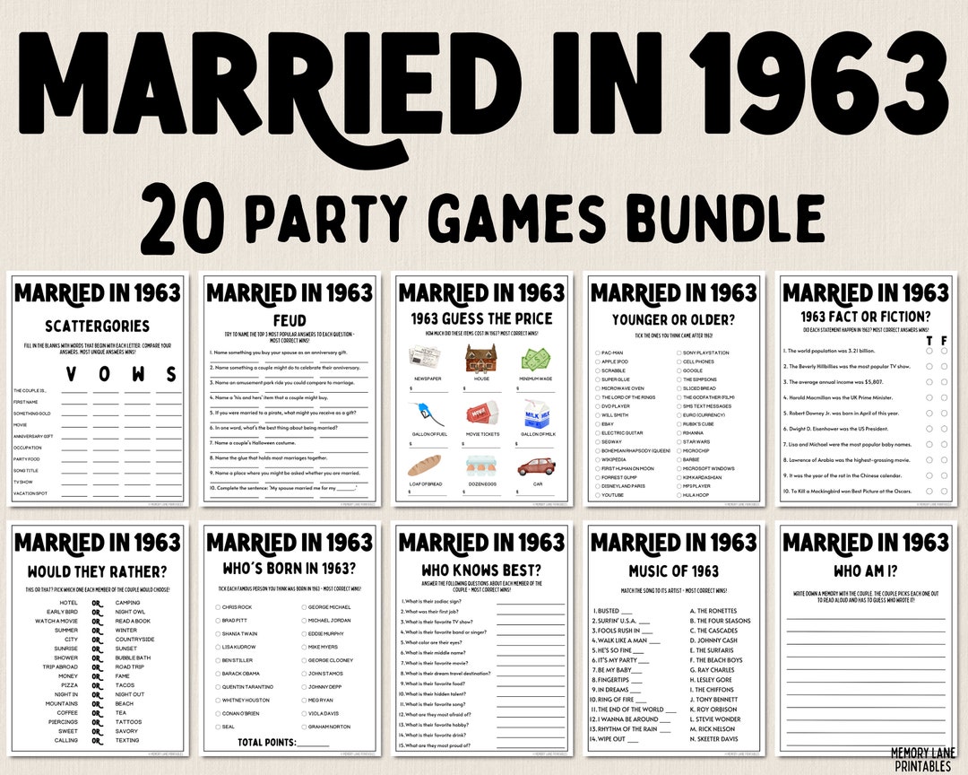 60th Anniversary Games Bundle Married in 1963 Games 60th Wedding ...