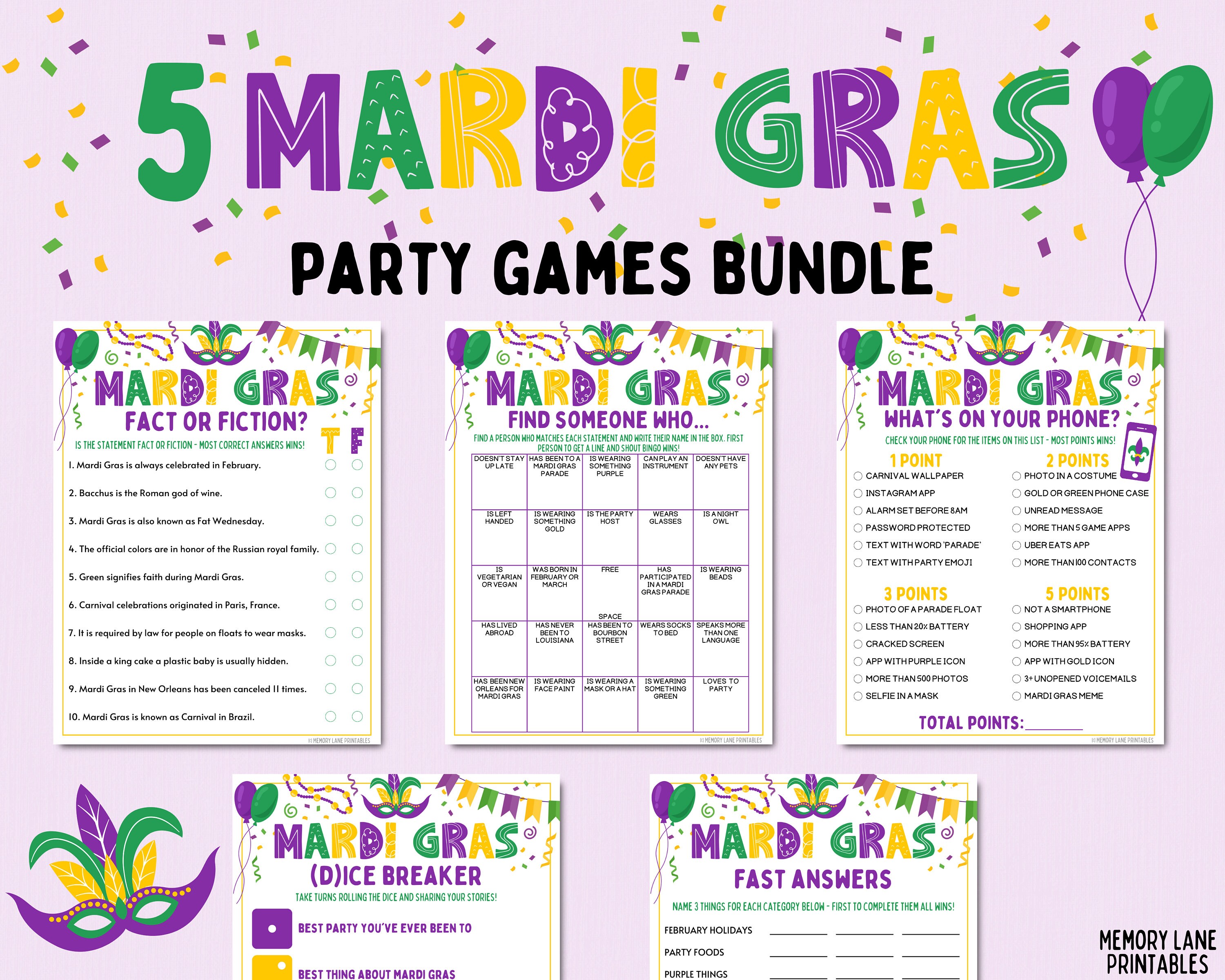 Mardi Gras Games Bundle Mardi Gras Party Games Fun Printable Games ...