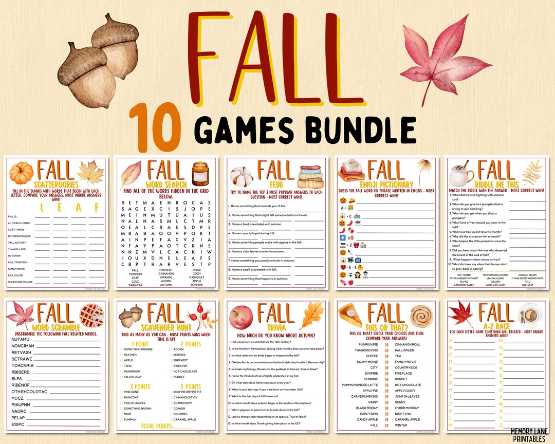 Fall Games Bundle | 10 Autumn Party Games | Fun Printable Autumn Games ...