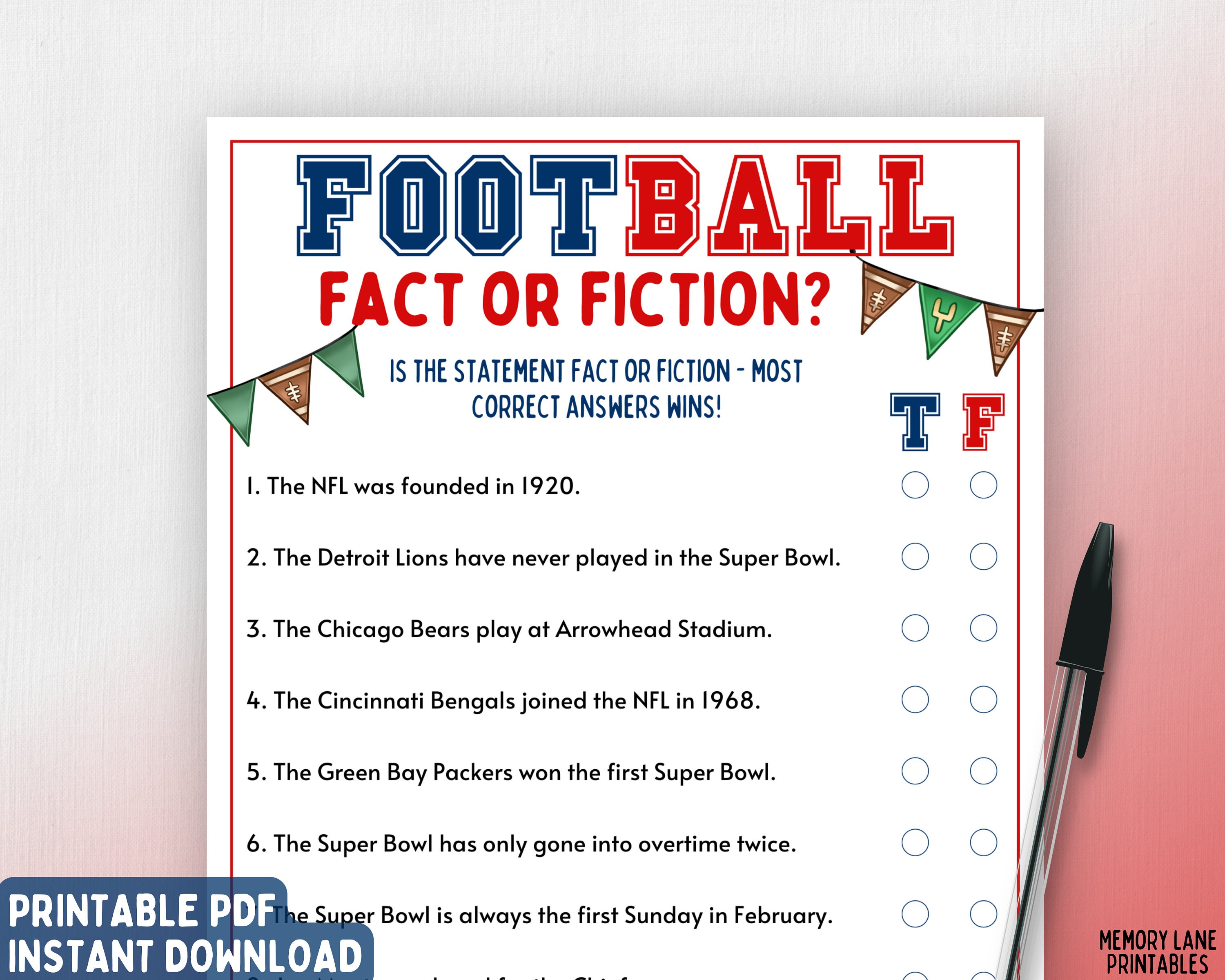 Football Fact or Fiction Game Super Bowl Party Game Fun Printable Game ...