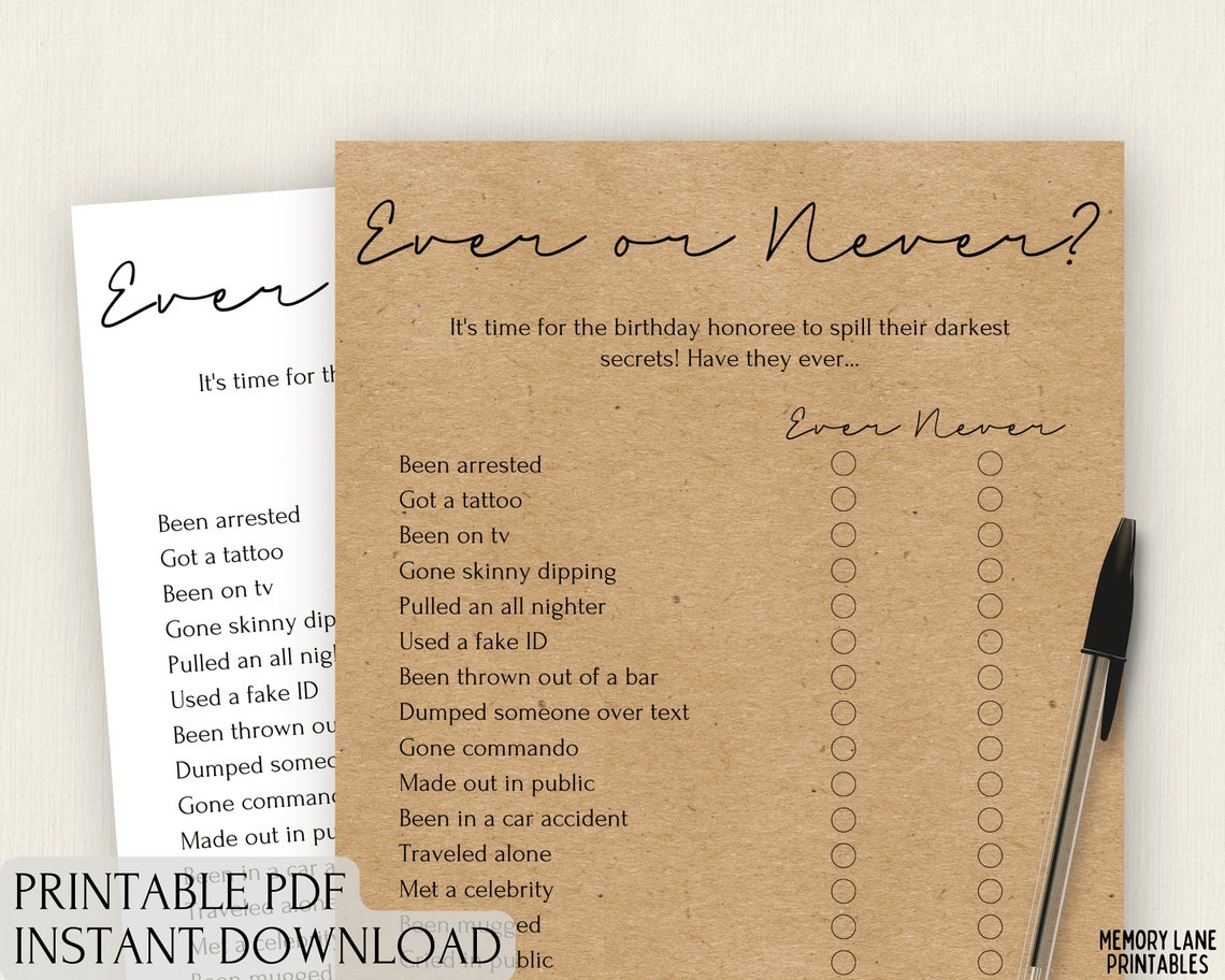 Ever or Never Birthday Game Birthday Party Game Adult Birthday Party ...