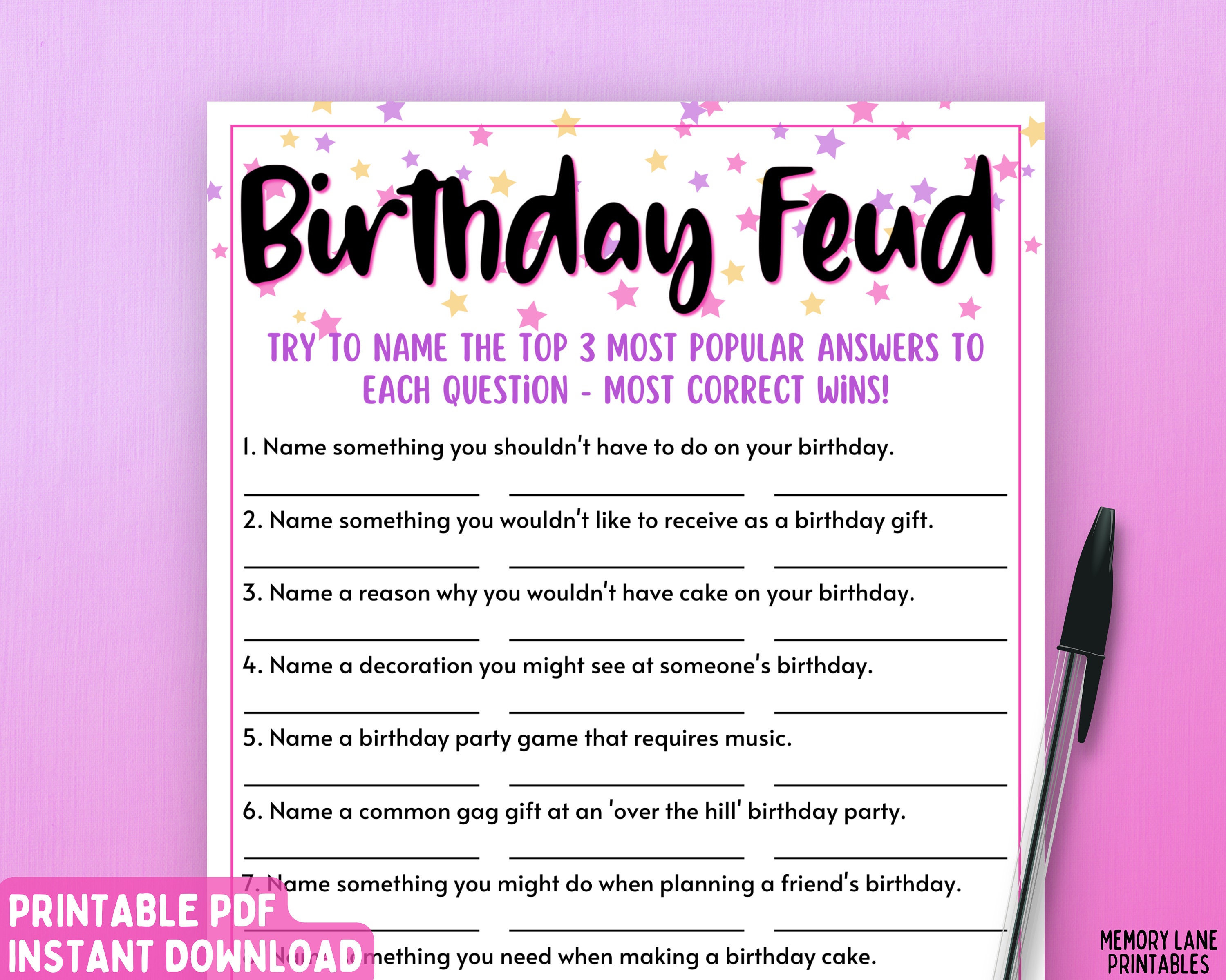 Birthday Feud Game | Birthday Game for Her | Adult Birthday Party Game ...