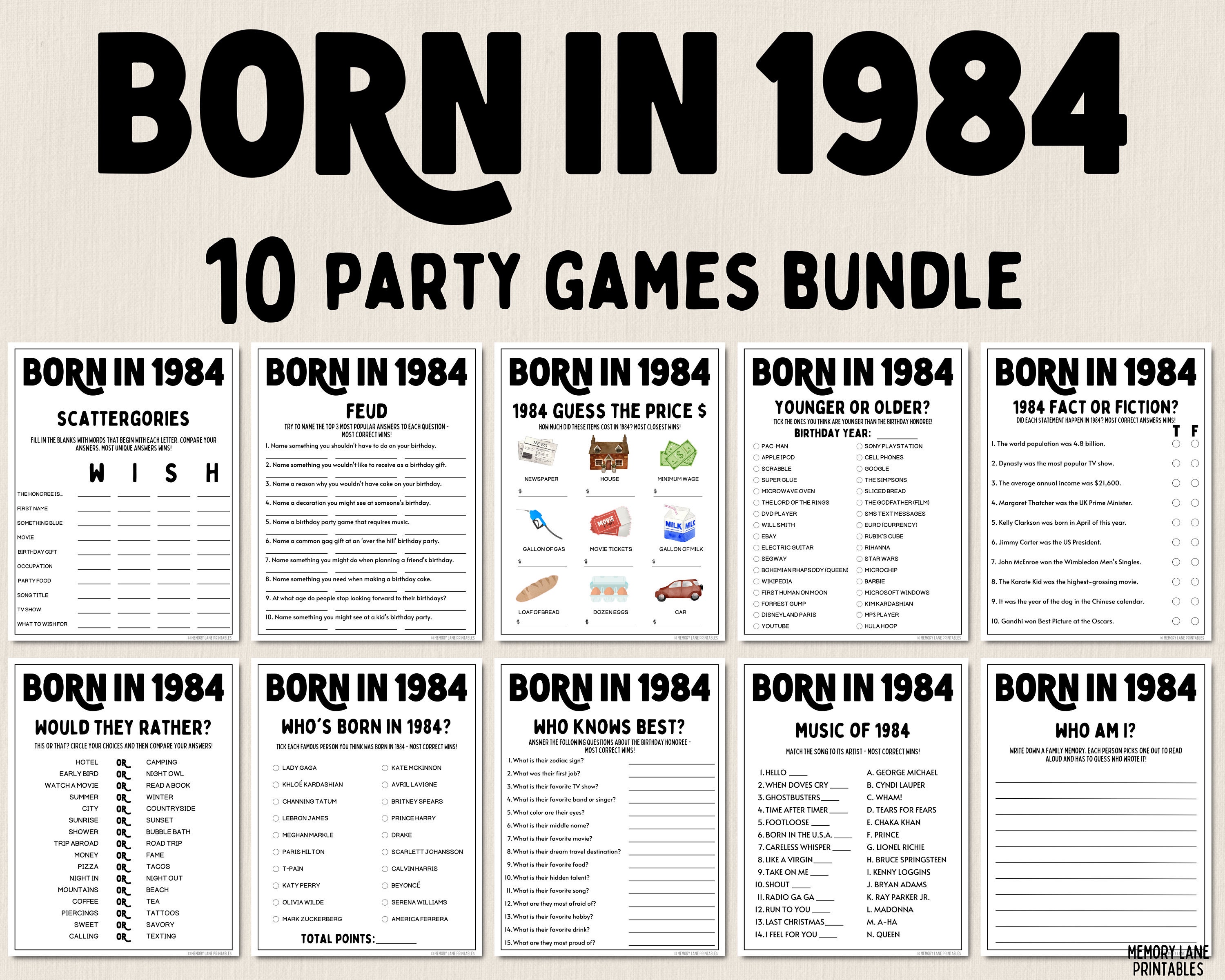 40th Birthday Party Games Bundle Born in 1984 Games 40th Birthday Games ...