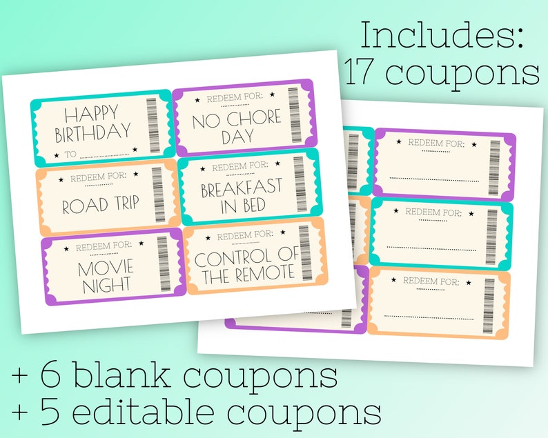 Birthday Coupon Book Editable Birthday Vouchers Printable Ticket ...