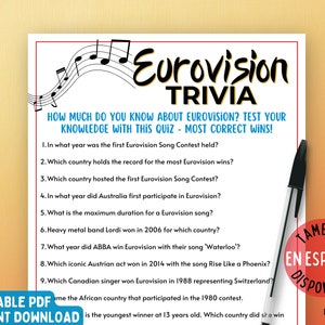 Eurovision Trivia Game | Eurovision Party Game | Printable Eurovision ...