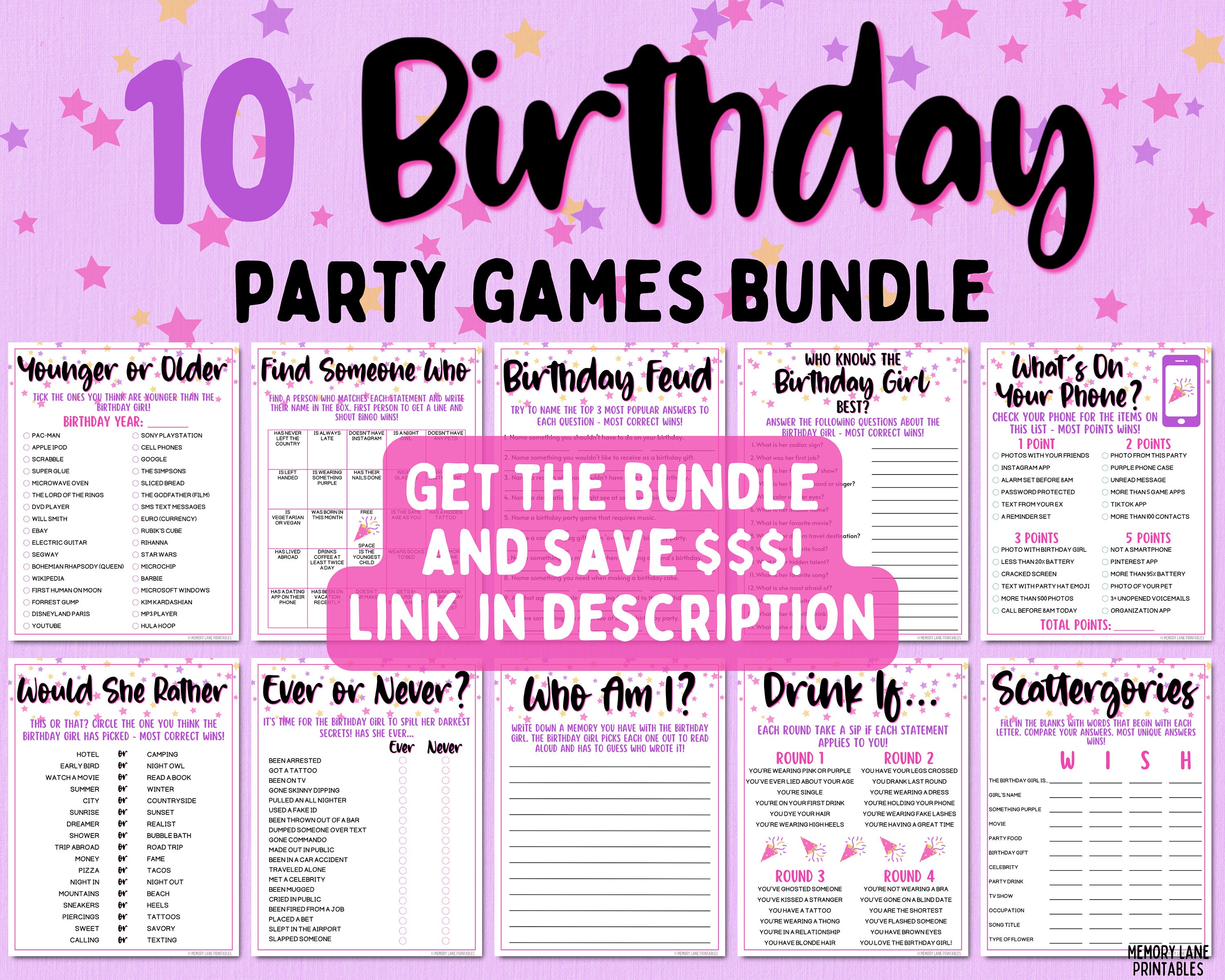 Birthday Games Bundle 5 Birthday Games for Her Adult Birthday Party ...