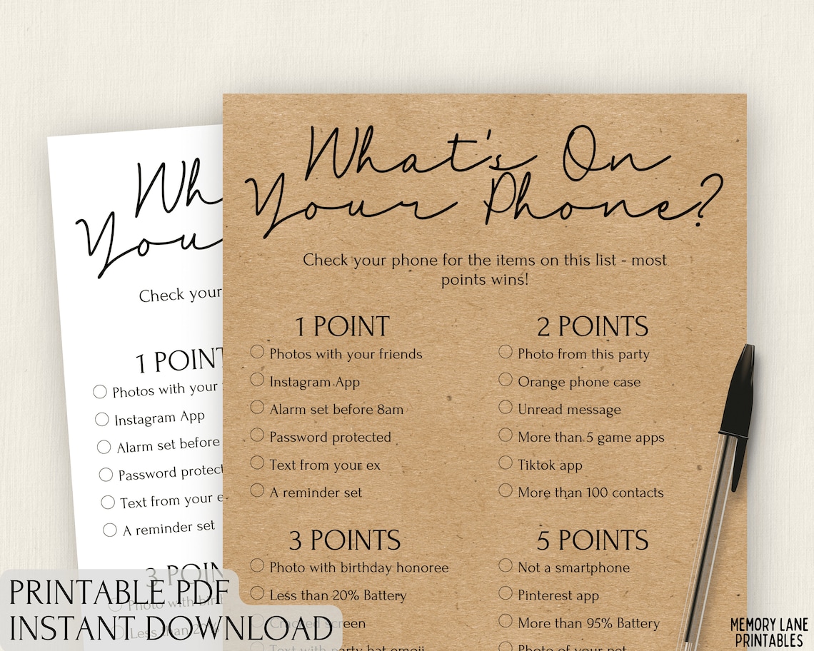 What's on Your Phone Game Birthday Party Game Adult Birthday Party Game ...