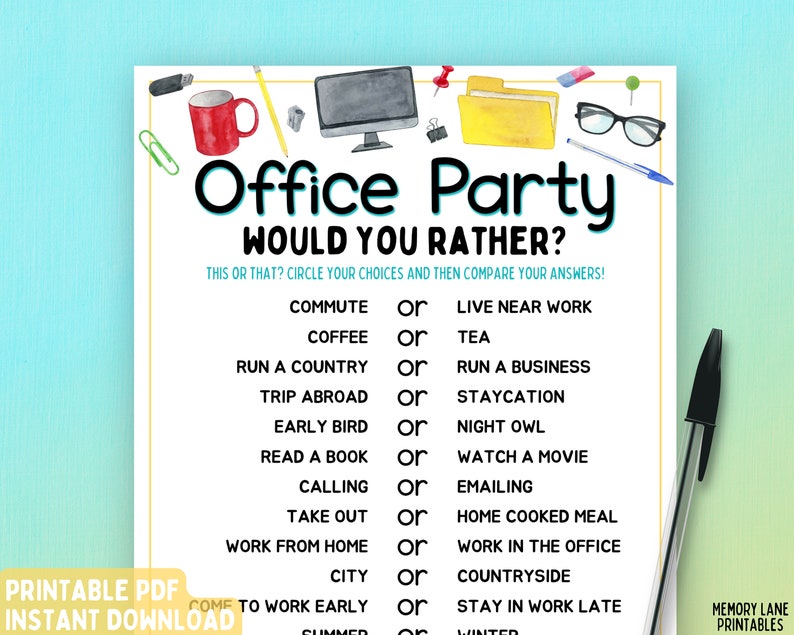 Office Party Would You Rather Game | Work Party Game | Fun Printable ...