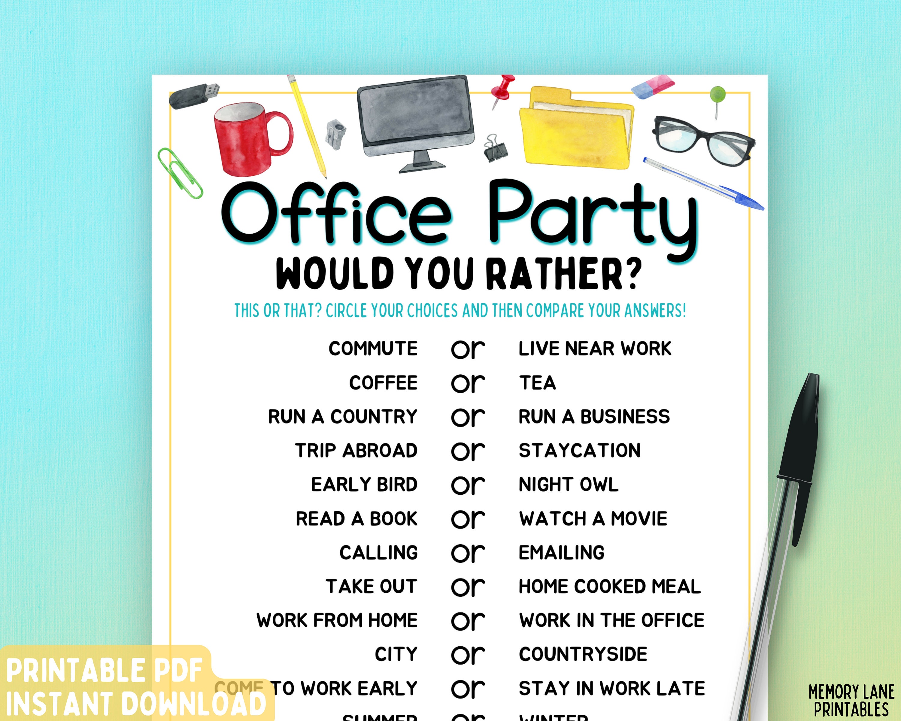 Office Party Would You Rather Game Work Party Game Fun Printable Game ...