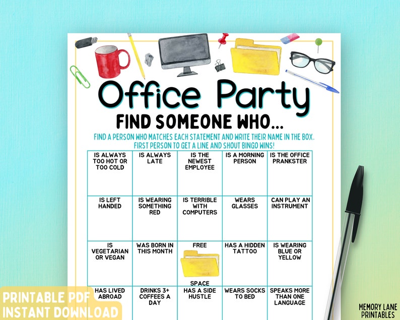 Office Party Find Someone Who Game | Work Party Game | Fun Printable ...