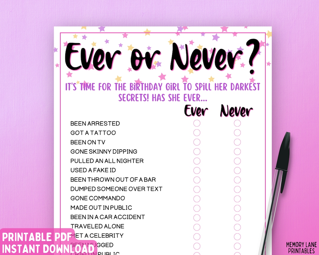 Ever or Never Birthday Game | Birthday Game for Her | Adult Birthday ...